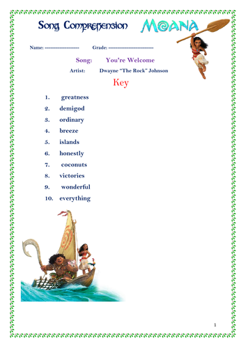 Song Moana You're Welcome by Dwayne Johnson comprehension worksheets ...
