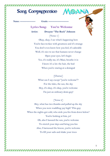 Song Moana You're Welcome by Dwayne Johnson comprehension worksheets ...