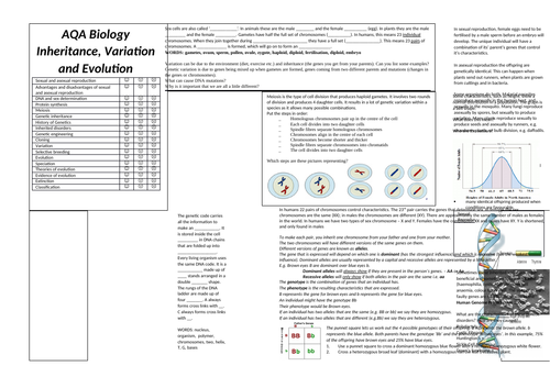 Inheritance Variation And Evolution Revision Broadsheet Aqa Biology Gcse Teaching Resources