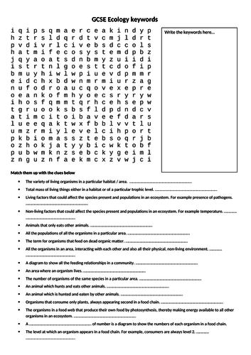 Ecology keywords wordsearch with clues | Teaching Resources