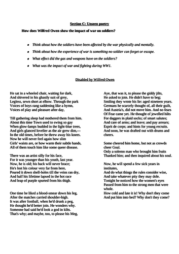 Two World War One Poetry Assessments- unseen poetry question ...
