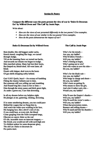 Two World War One Poetry Assessments- unseen poetry question ...