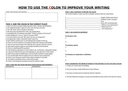 How to use a colon and semi colon worksheets | Teaching Resources