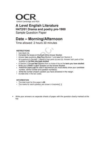 OCR A Level Mock Papers - Richard III, Coleridge/Malfi | Teaching Resources