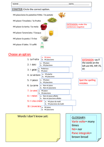 Food revision Italian KS3 | Teaching Resources