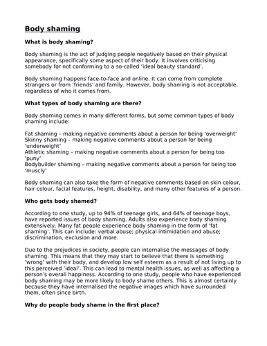 Bullying : Body Shaming PSHE | Teaching Resources