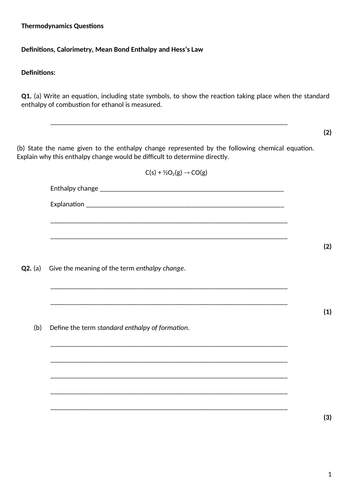 A Level Chemistry AS Thermodynamics | Teaching Resources