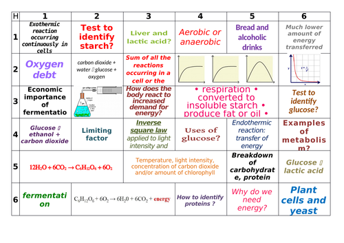 AQA GCSE Biology Bioenergetics Learning Grid | Teaching Resources