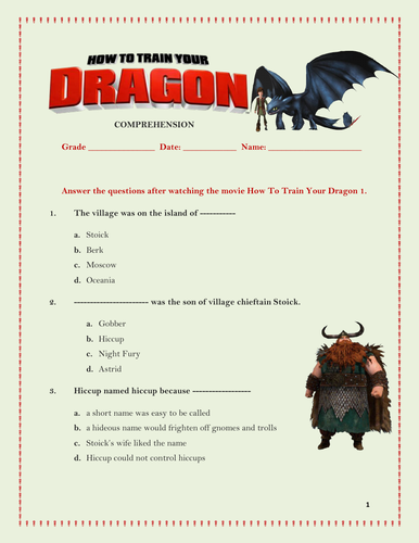 Movie 'How to Train Your Dragon 1' Comprehension worksheet & Key ...