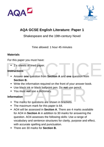 Walking Talking Mock Exam (AQA GCSE English Literature Paper 1 ...