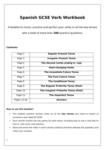 Spanish Verbs: Tenses Booklet for GCSE with answers | Teaching Resources Spanish Verbs: Tenses Booklet for GCSE with answers | Teaching Resources