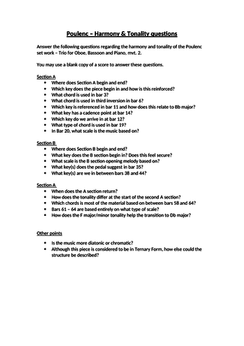 Poulenc Harmony & Tonality Revision (Eduqas Music A Level) | Teaching ...