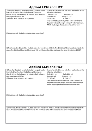 Maths Applied Problem Solving Worksheet Pack - 4 A5 Sheets (Simplifying Algebra, LCM / HCF ...