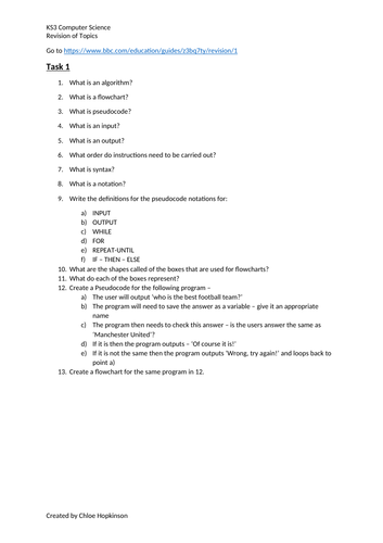 KS3 Programming Revision Worksheet | Teaching Resources