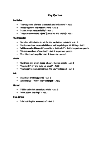 An Inspector Calls Key Quotes | Teaching Resources
