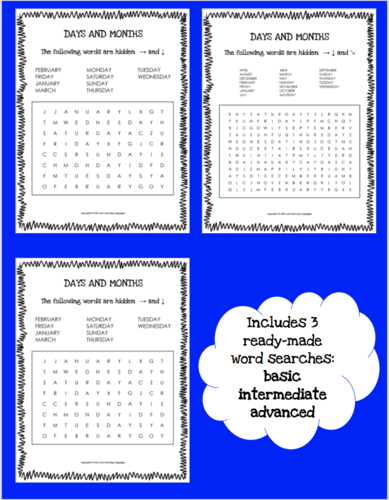 English months and days word search activities - ELA - ESL - ELL ...