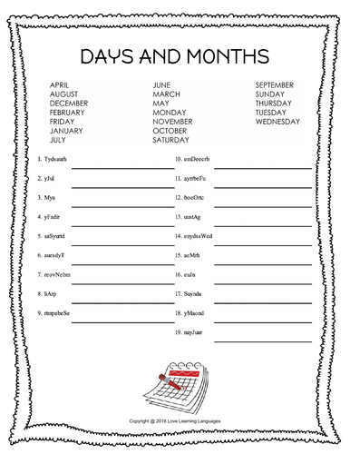 English months and days scrambled words worksheet - ELA - ESL - ELL ...