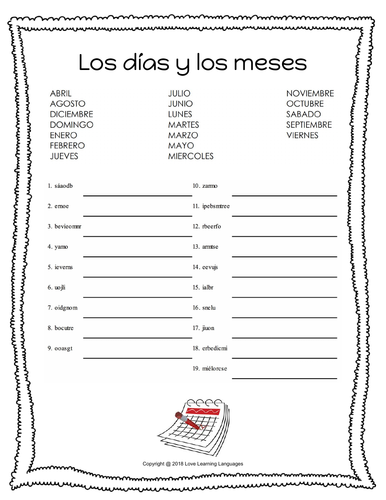 Spanish months and days scrambled words worksheet - Los días y los ...