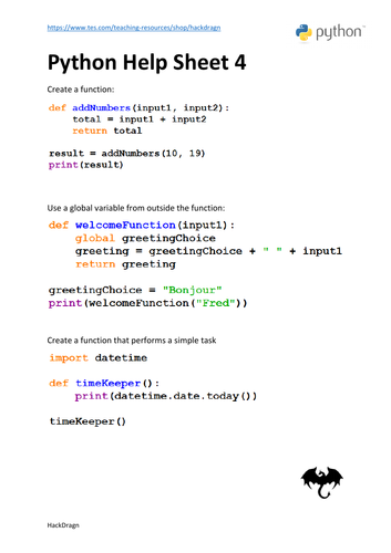 Python Programming Help Sheets | Teaching Resources