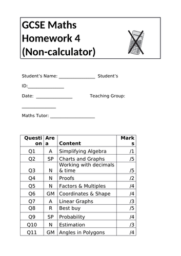 6 Mixed Maths Homeworks for Foundation GCSE | Teaching Resources
