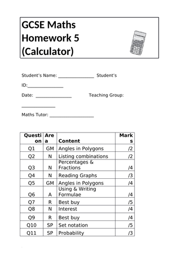 6 Mixed Maths Homeworks for Foundation GCSE | Teaching Resources