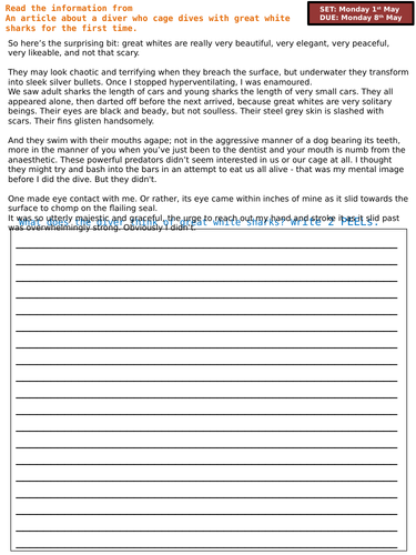 A series of weekly reading homework tasks | Teaching Resources