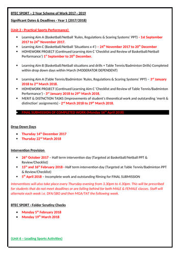 BTEC Sport Calendar (SOW) for Heads of Department | Teaching Resources
