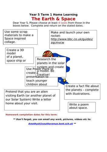 Year 5 task based homework menu sheet: The Space Race | Teaching Resources