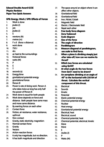 Edexcel GCSE Physics Paper Two Revision Quick Questions New Spec 2018 ...