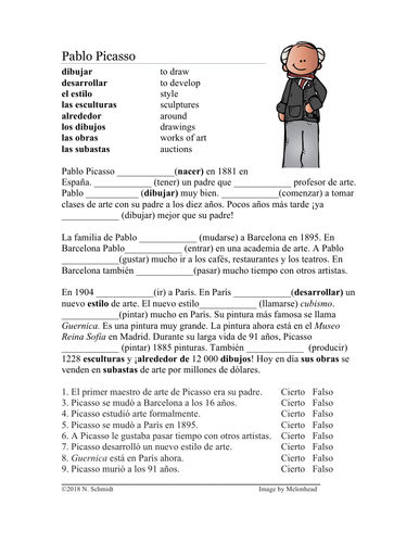 Picasso Spanish Biography & Worksheet (Preterite vs. Imperfect) SUB ...