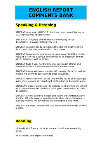 English / Literacy Reports Comments | Teaching Resources