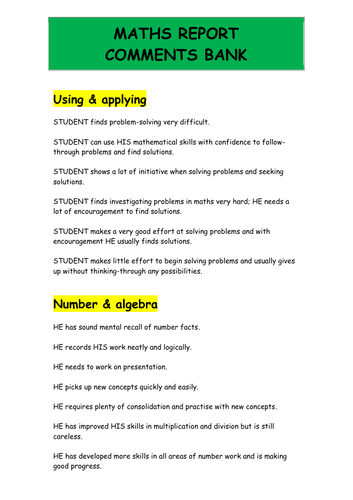 Maths Reports - Bank of Comments | Teaching Resources