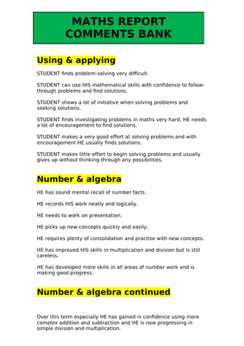 Maths Reports - Bank of Comments | Teaching Resources