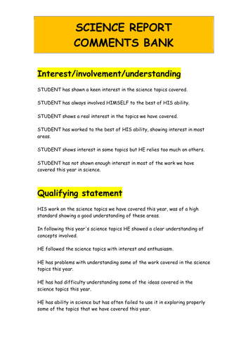 Science Reports - Bank of Comments | Teaching Resources