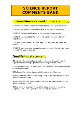 Science Reports - Bank of Comments | Teaching Resources