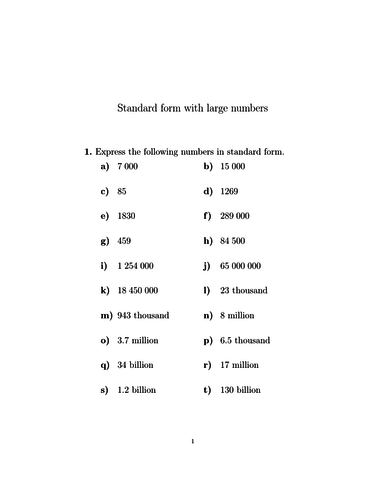 Standard form with large numbers worksheet (with solutions) | Teaching ...