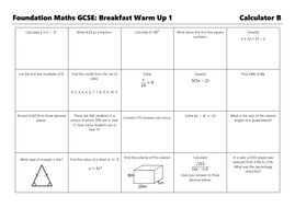Breakfast GCSE Warm Ups - Calculator | Teaching Resources