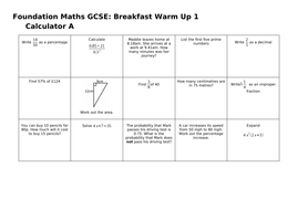 Breakfast GCSE Warm Ups - Calculator | Teaching Resources
