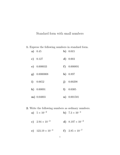 Standard form with small numbers worksheet (with solutions) | Teaching ...