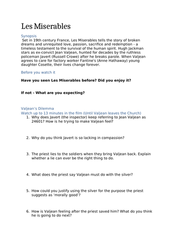 Les Miserables - Morality in the Movies- Teacher Guide and Pupil ...