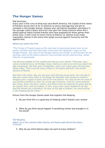 The Hunger Games - Movie Worksheet - Justice, Sanctity of Life, Law and ...