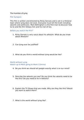 The Invention of Lying - Movie Worksheet - Atheism, Ethics, Religion ...
