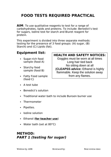 2018 AQA GCSE Biology Unit 1 (B1): Food tests Required Practical ...