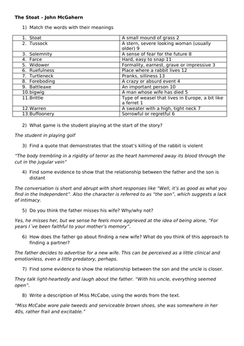 The Stoat John McGahern worksheet | Teaching Resources