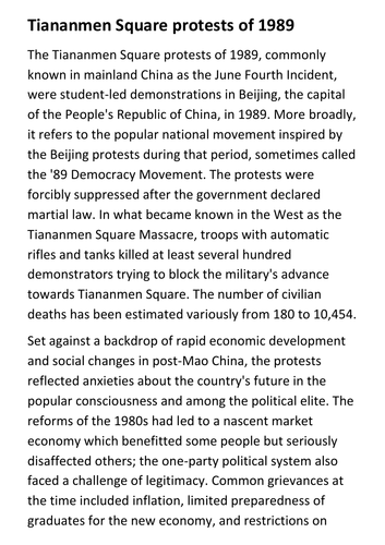 Tiananmen Square protests of 1989 Handout | Teaching Resources