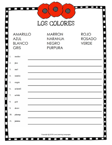 Spanish colors scrambled words worksheet - Los colores | Teaching Resources