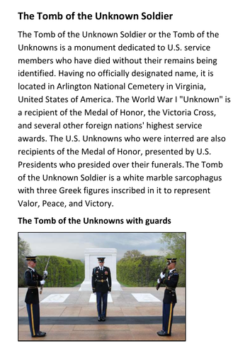 The Tomb of the Unknown Soldier USA Handout | Teaching Resources