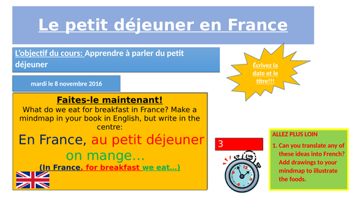 Le Petit Déjeuner - Intro lesson, Year 8, Homework Sheet included ...