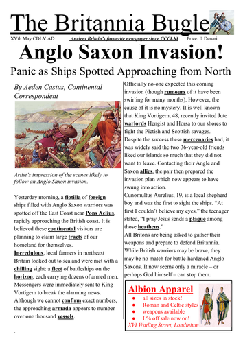 Anglo Saxon Invasion Newspaper Article Lesson - KS2 | Teaching Resources