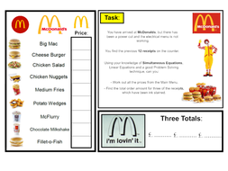 Simultaneous Equations and Problem Solving Activity based on the Mcdonalds Menu | Teaching Resources